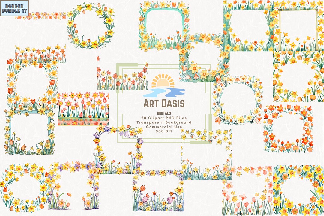 Daffodil Clipart Borders: Watercolor Floral Frames (digital Download ...