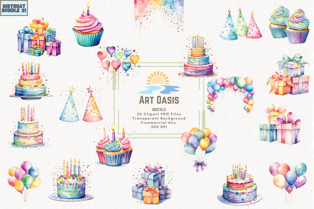 Watercolor Pastel Birthday Party Cake Present Balloons Clipart Bundle ...