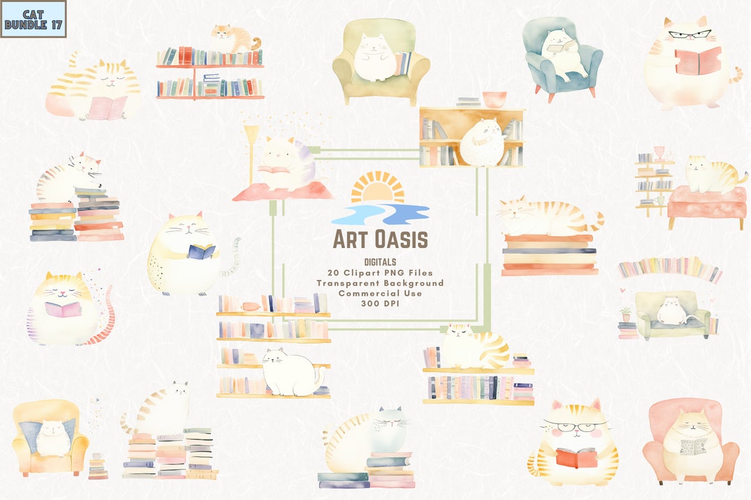 Cartoon Pastel Cats Reading Books Watercolor Fat Cat Kawaii Cute ...