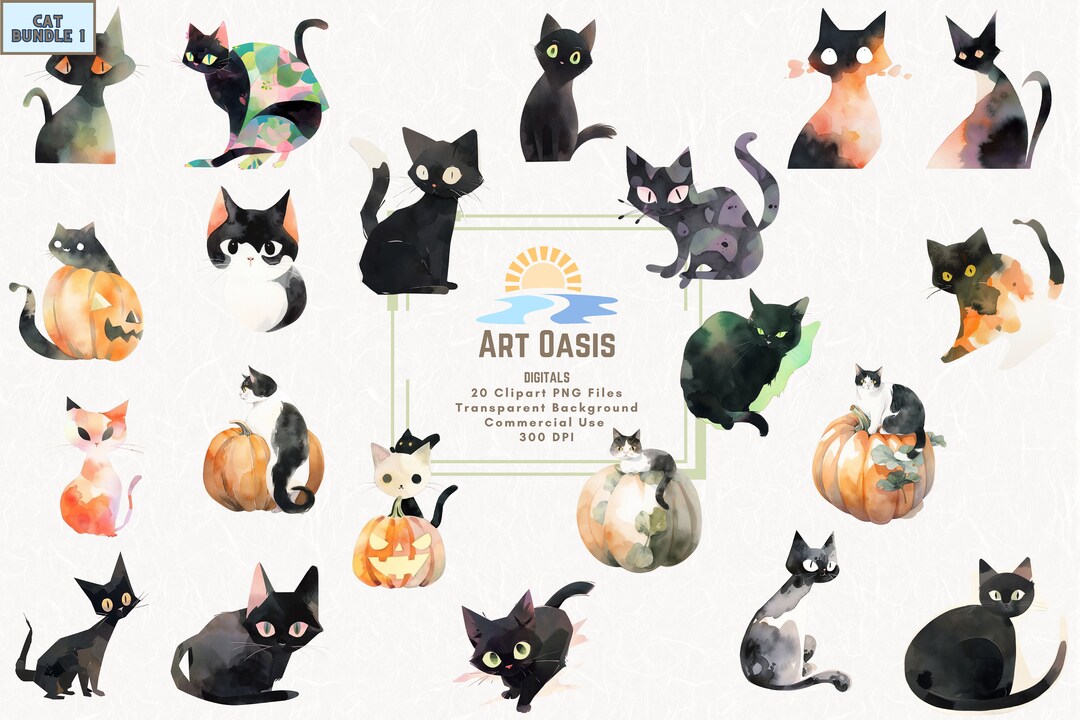 Watercolor Black Cats Pumpkins Halloween Fall Clipart Bundle of 20 ...