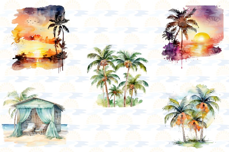 Watercolor Tropical Summer Beach Sunset Landscape Clipart Bundle of 20 ...