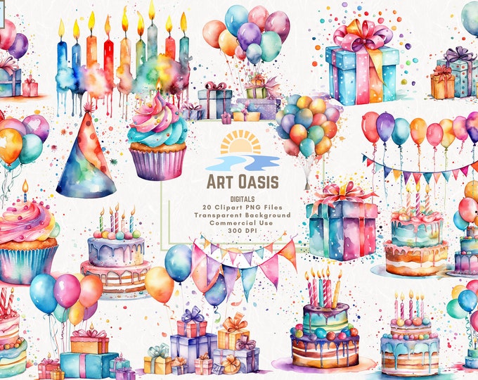 Watercolor Birthday Party Clipart Vol. 2 Bundle of 20 Balloons Cake ...