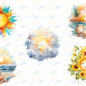 Watercolor Summer Sun Bright Sunshine Tropical Clipart Bundle of 20 ...