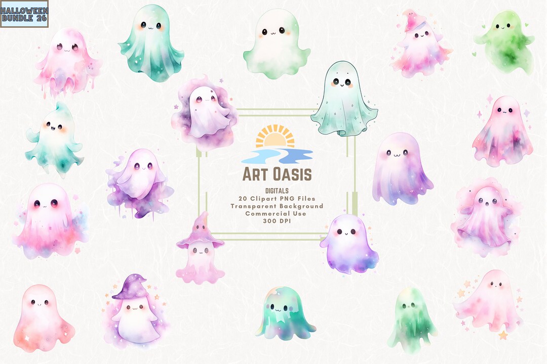 Watercolor Halloween Cute Pastel Ghosts Kawaii Clipart Bundle of 20 ...