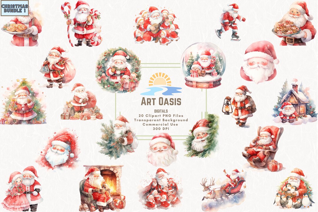 Watercolor Santa Claus Christmas Winter Holiday Clipart Bundle of 20 ...