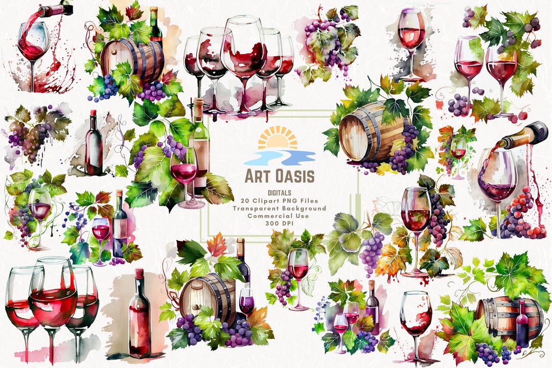 Watercolor Red Wine Clipart Bundle of 20 - Transparent Background ...