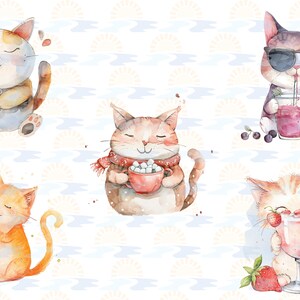 Cartoon Cats With Cocktails Watercolor Fat Cat Drink Clipart Bundle of ...