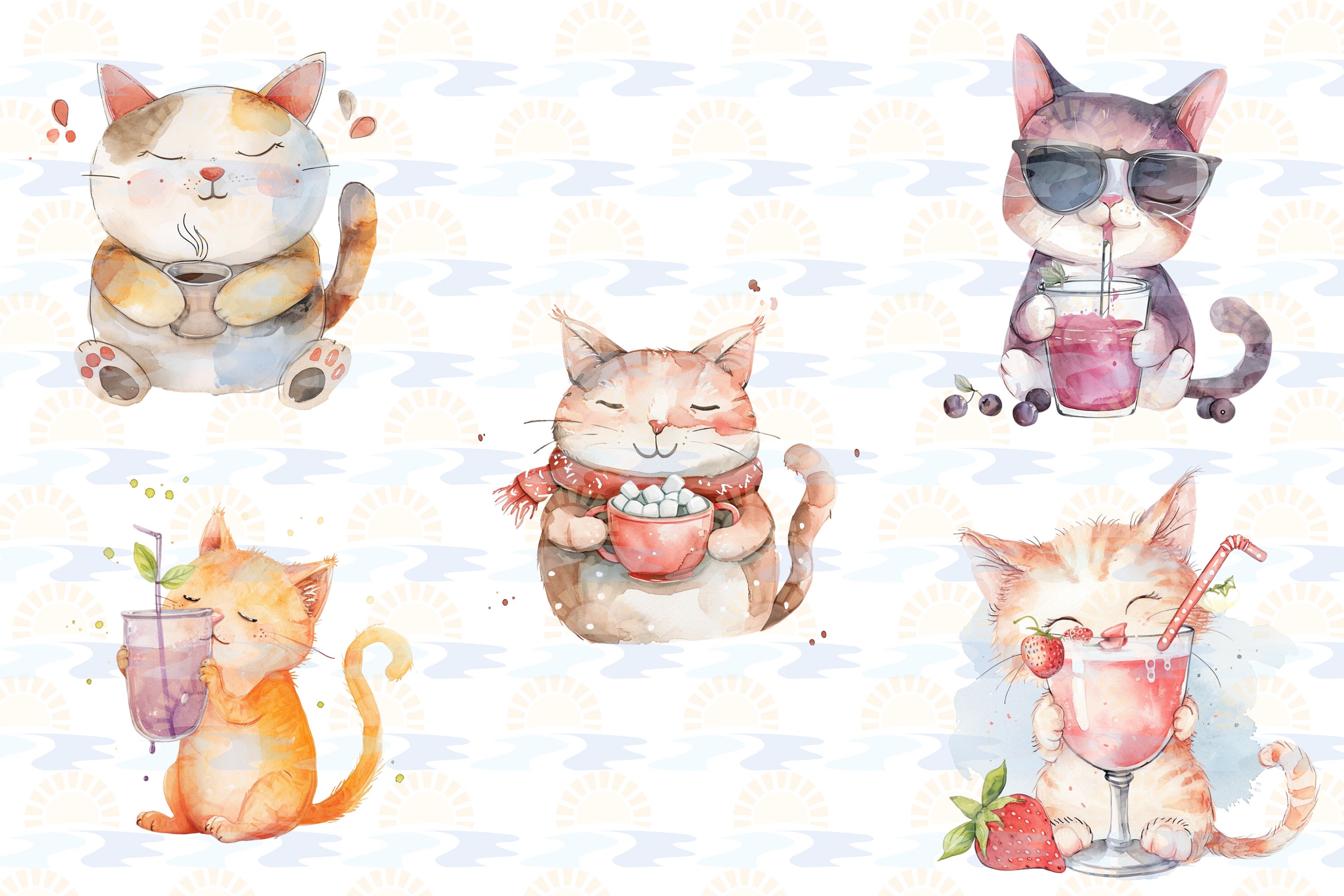 Cartoon Cats With Cocktails Watercolor Fat Cat Drink Clipart Bundle of ...