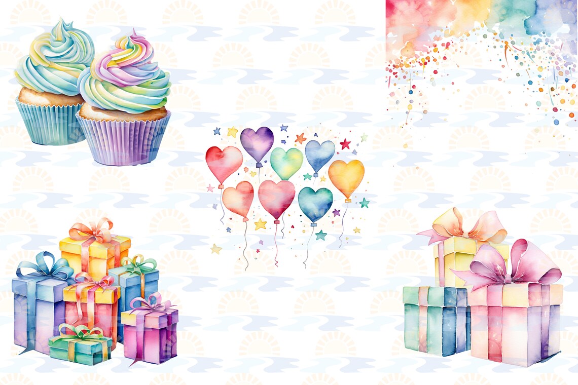 Watercolor Pastel Birthday Party Cake Present Balloons Clipart Bundle ...