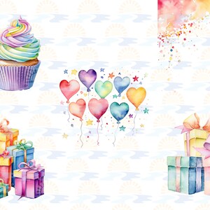 Watercolor Pastel Birthday Party Cake Present Balloons Clipart Bundle ...