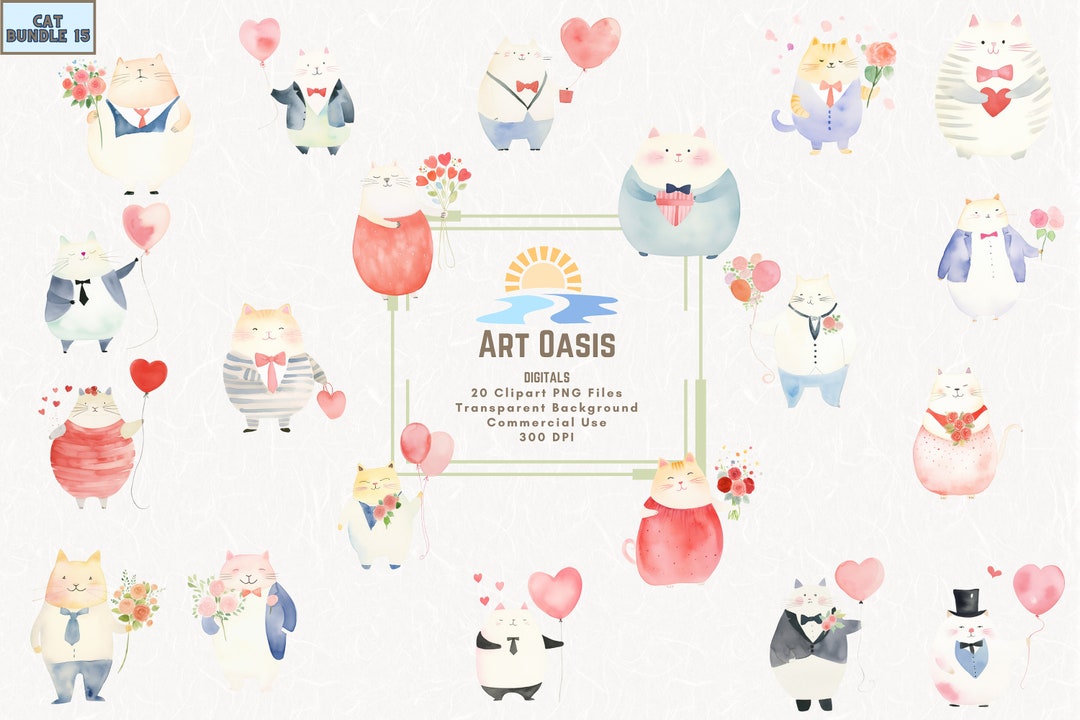 Cartoon Valentines Day Cats Watercolor Fat Cat Love Hearts Flowers ...