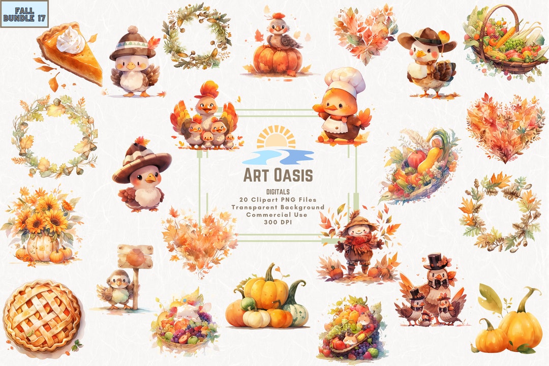 Watercolor Cute Thanksgiving Fall Turkey Pie Leaves Clipart Bundle of ...