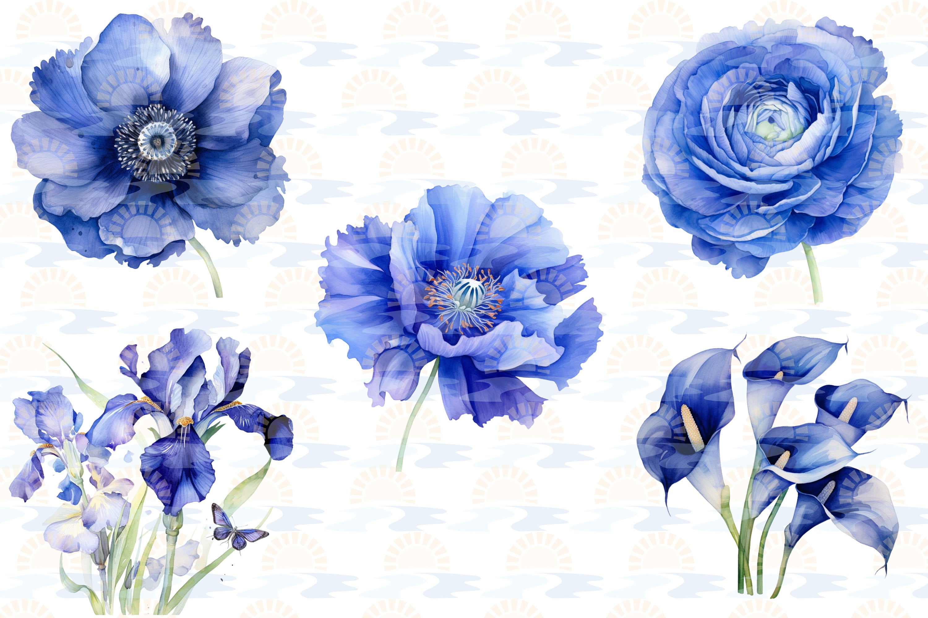 Watercolor Royal Blue Flower Clipart – PNG Floral Graphics (digital ...