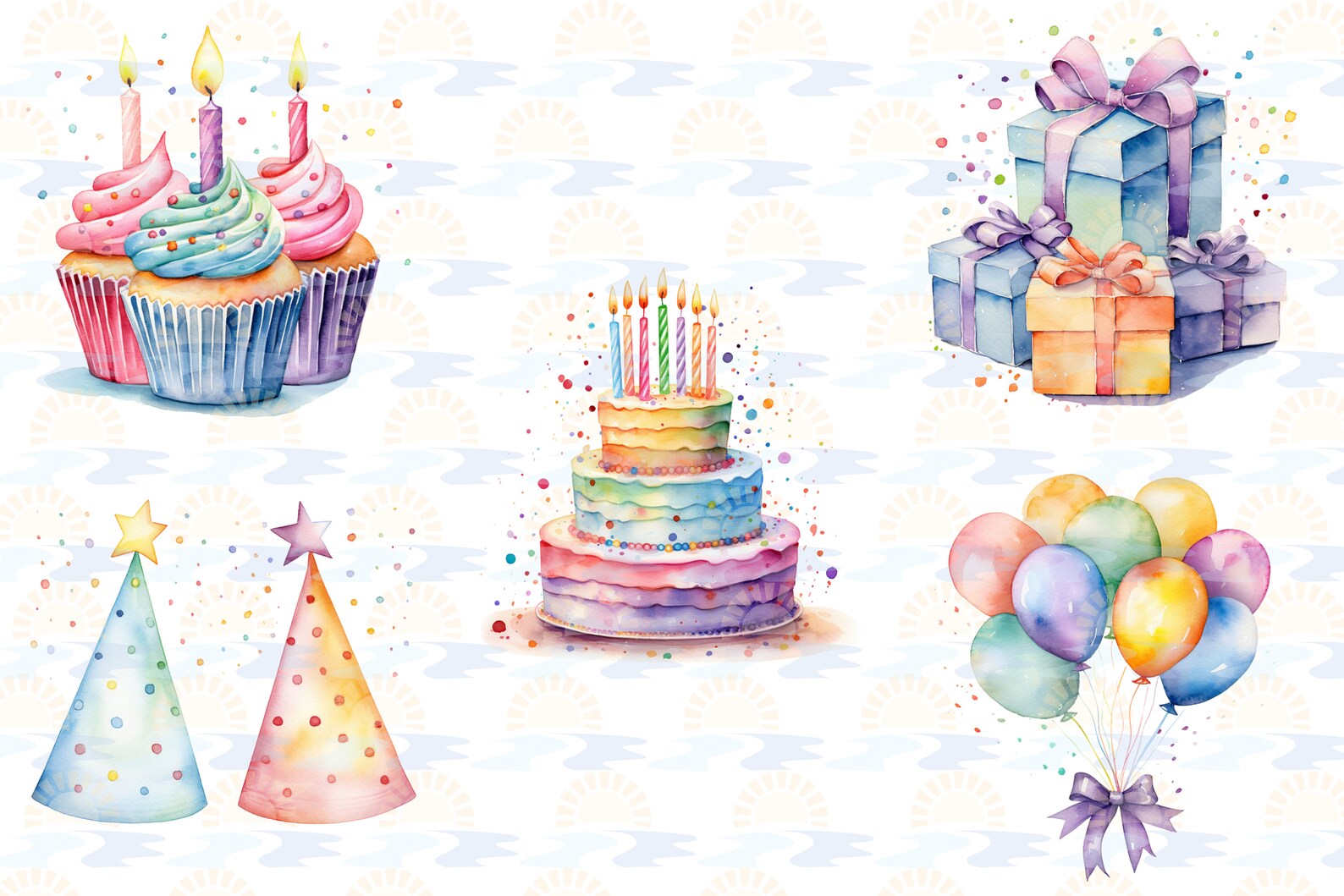 Watercolor Pastel Birthday Party Cake Present Balloons Clipart Bundle ...