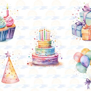 Watercolor Pastel Birthday Party Cake Present Balloons Clipart Bundle ...