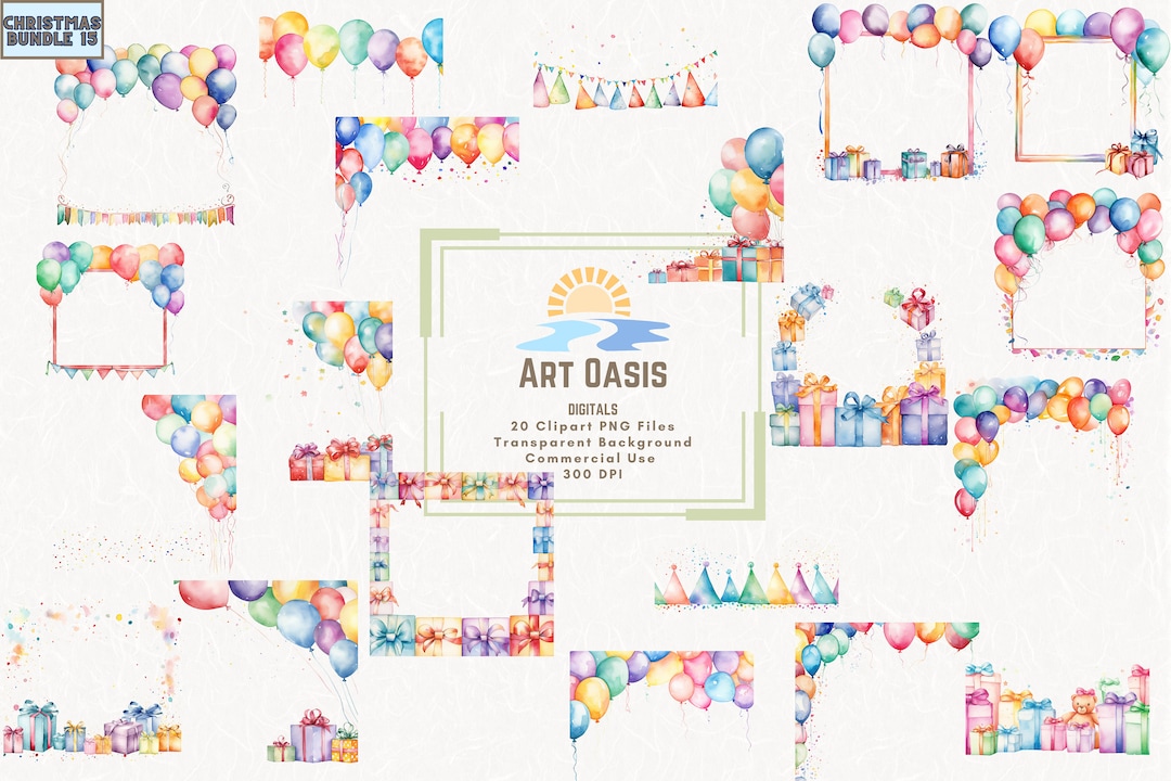 Watercolor Pastel Birthday Party Borders Frames Clipart Bundle of 20 ...