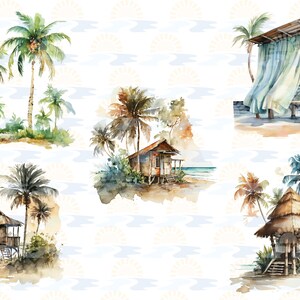 Watercolor Tropical Summer Beach Sunset Landscape Clipart Bundle of 20 ...