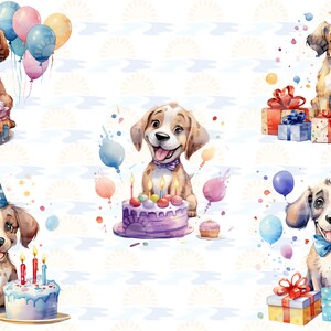 Cartoon Dog Birthday Presents Balloons Watercolor Clipart Bundle of 20 ...