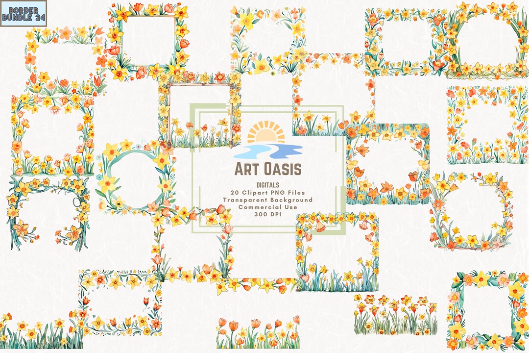 Daffodil Watercolor Clipart Borders: Floral Frames, Spring Wedding ...