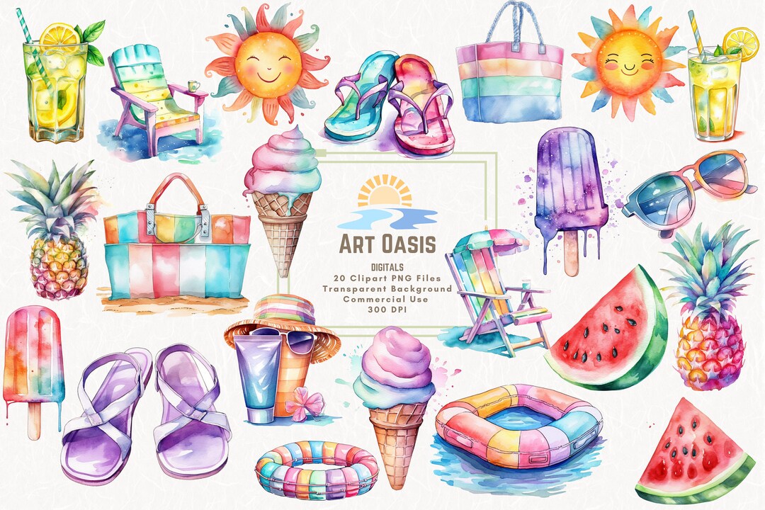 Watercolor Colorful Summer Ice Cream Fruit Drinks Clipart Bundle of 20 ...