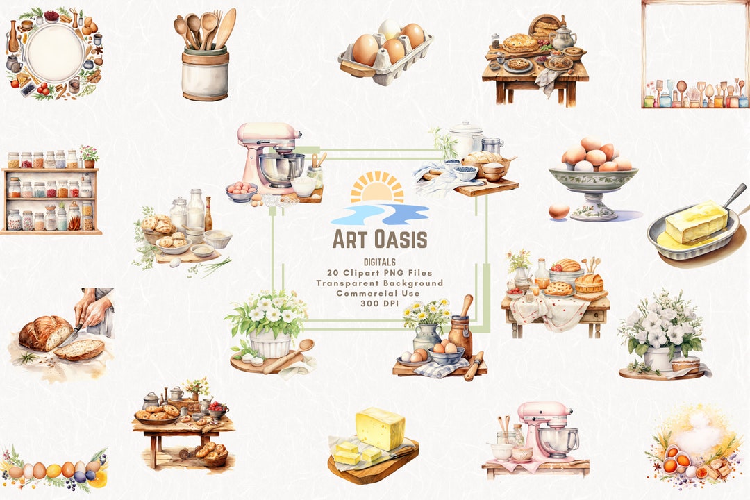 Watercolor Baking Cooking Culinary Kitchen Borders Clipart Bundle of 20 ...