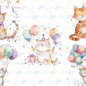 Cartoon Birthday Cats Watercolor Fat Cat Cake Presents Balloons Clipart ...
