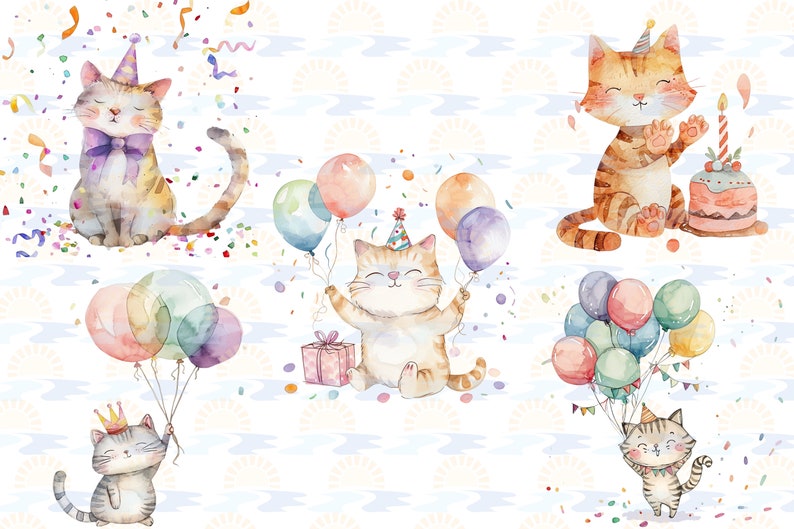 Cartoon Birthday Cats Watercolor Fat Cat Cake Presents Balloons Clipart ...