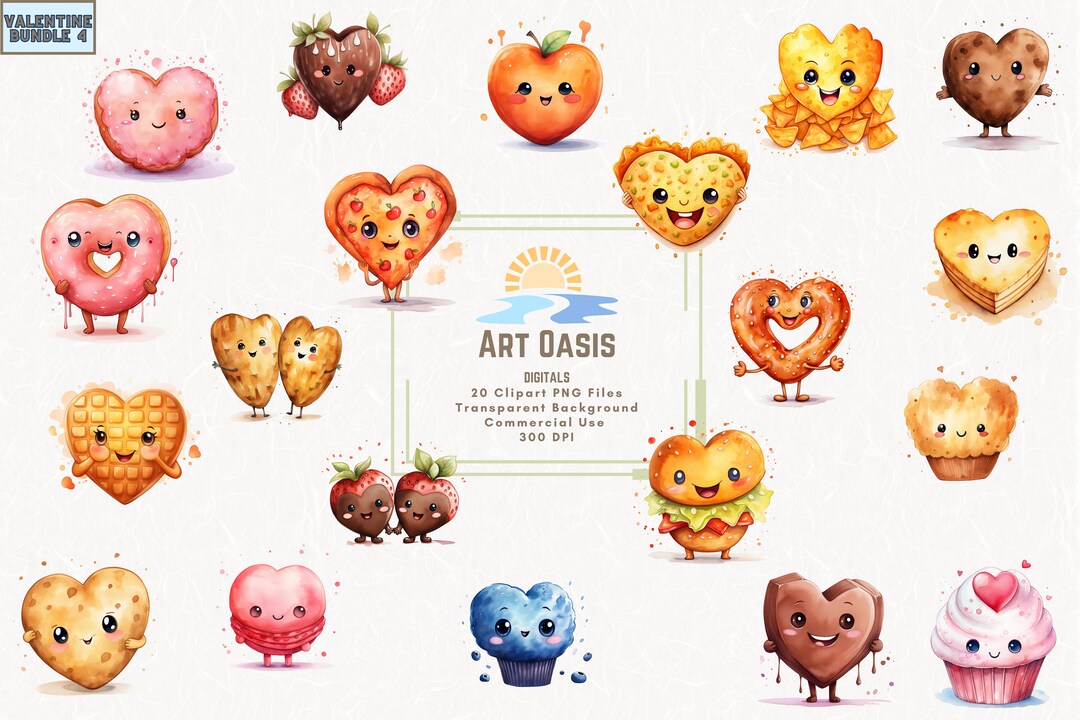 Valentines Day Cute Heart Shaped Food Chibi Watercolor Clipart Bundle ...