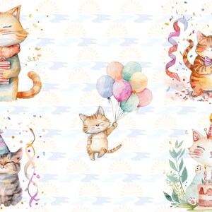 Cartoon Birthday Cats Watercolor Fat Cat Cake Presents Balloons Clipart ...