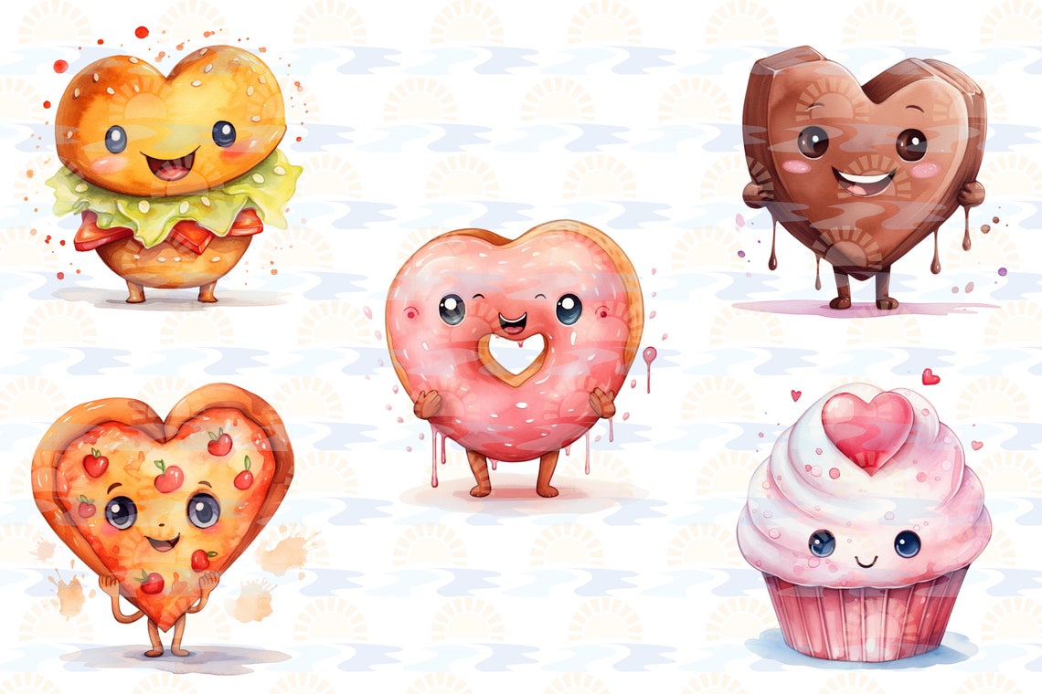 Valentines Day Cute Heart Shaped Food Chibi Watercolor Clipart Bundle ...