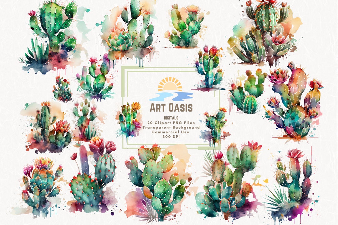 Watercolor Cactus Clipart Bundle of 20 - Transparent Background ...