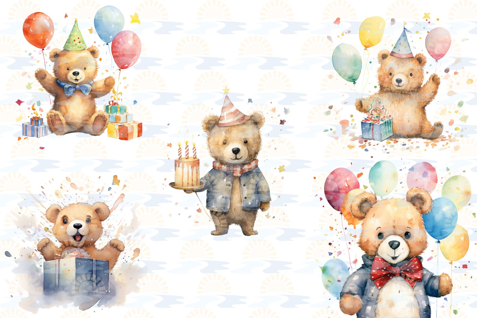 Watercolor Teddy Bear Birthday Party Cake Balloon Clipart Bundle of 20 ...