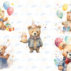Watercolor Teddy Bear Birthday Party Cake Balloon Clipart Bundle of 20 ...