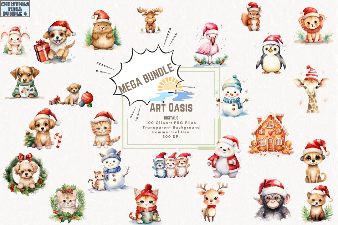 Watercolor Christmas Animals Clipart Bundle, 100 PNG Graphics (digital ...