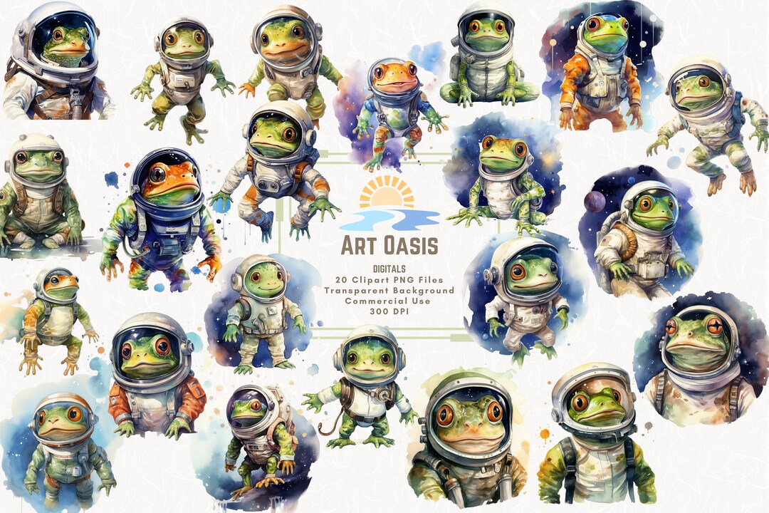 Watercolor Astronaut Outer Space Frog Clipart Bundle of 20 Transparent ...