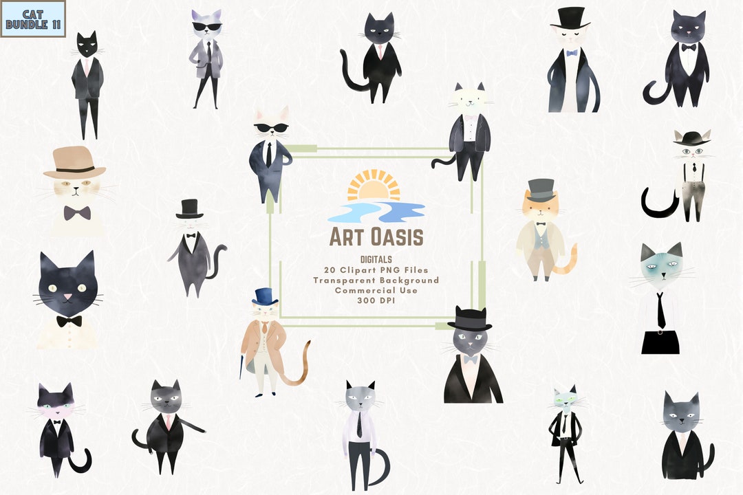 Cartoon Formal Cats in Suits Watercolor Business Fancy Tuxedo Cat ...