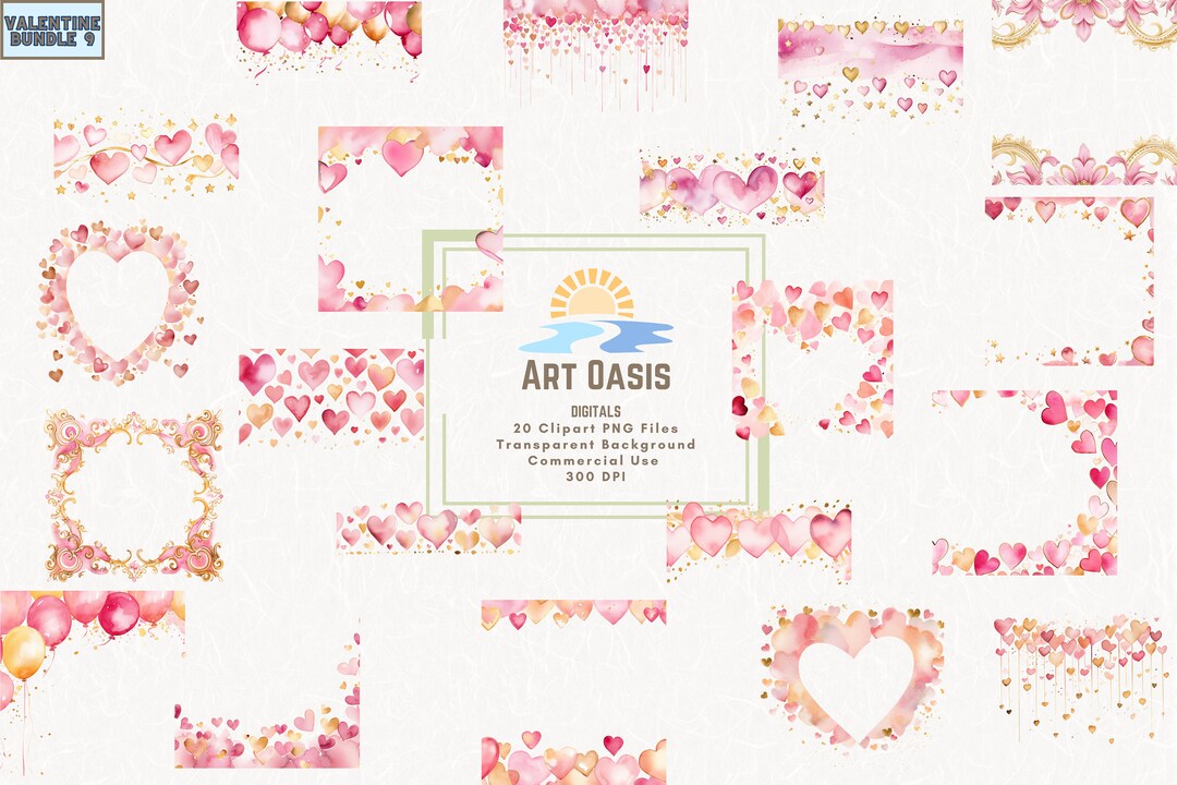 Valentines Day Pink and Gold Heart Border Frame Watercolor Clipart ...
