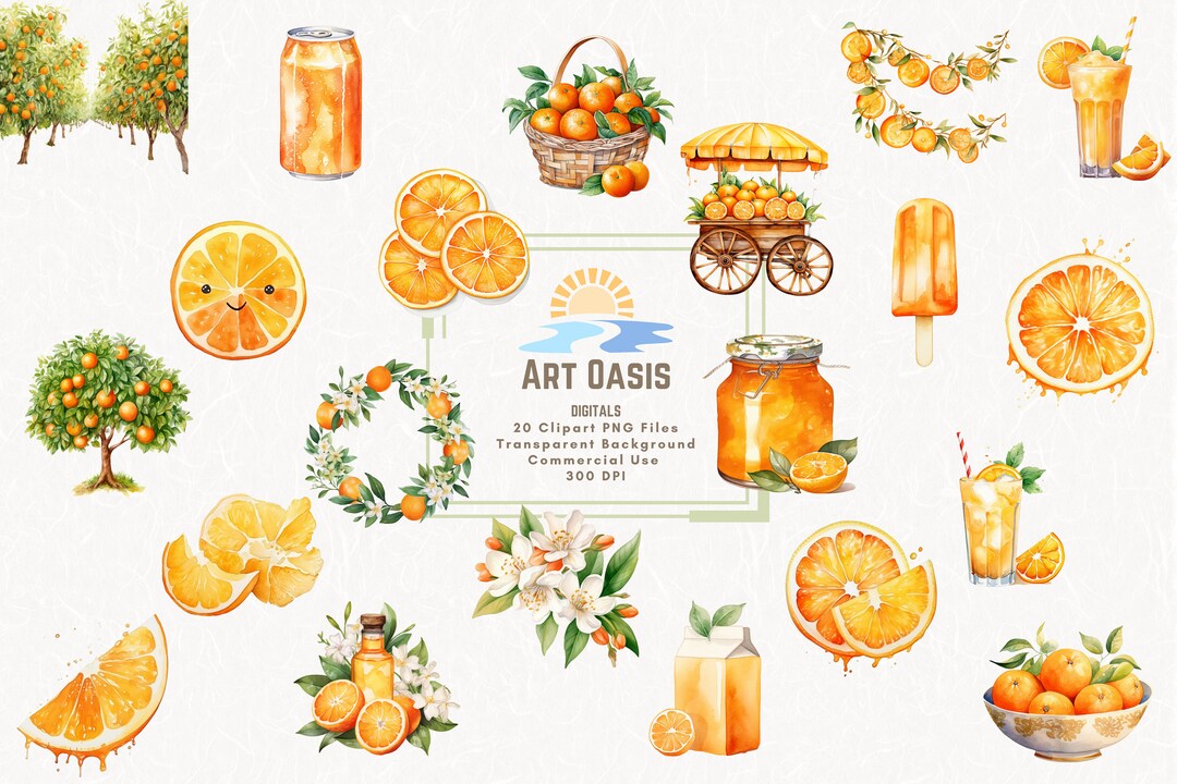 Watercolor Orange Fruit Orange Juice Cart Tree Clipart Bundle of 20 ...