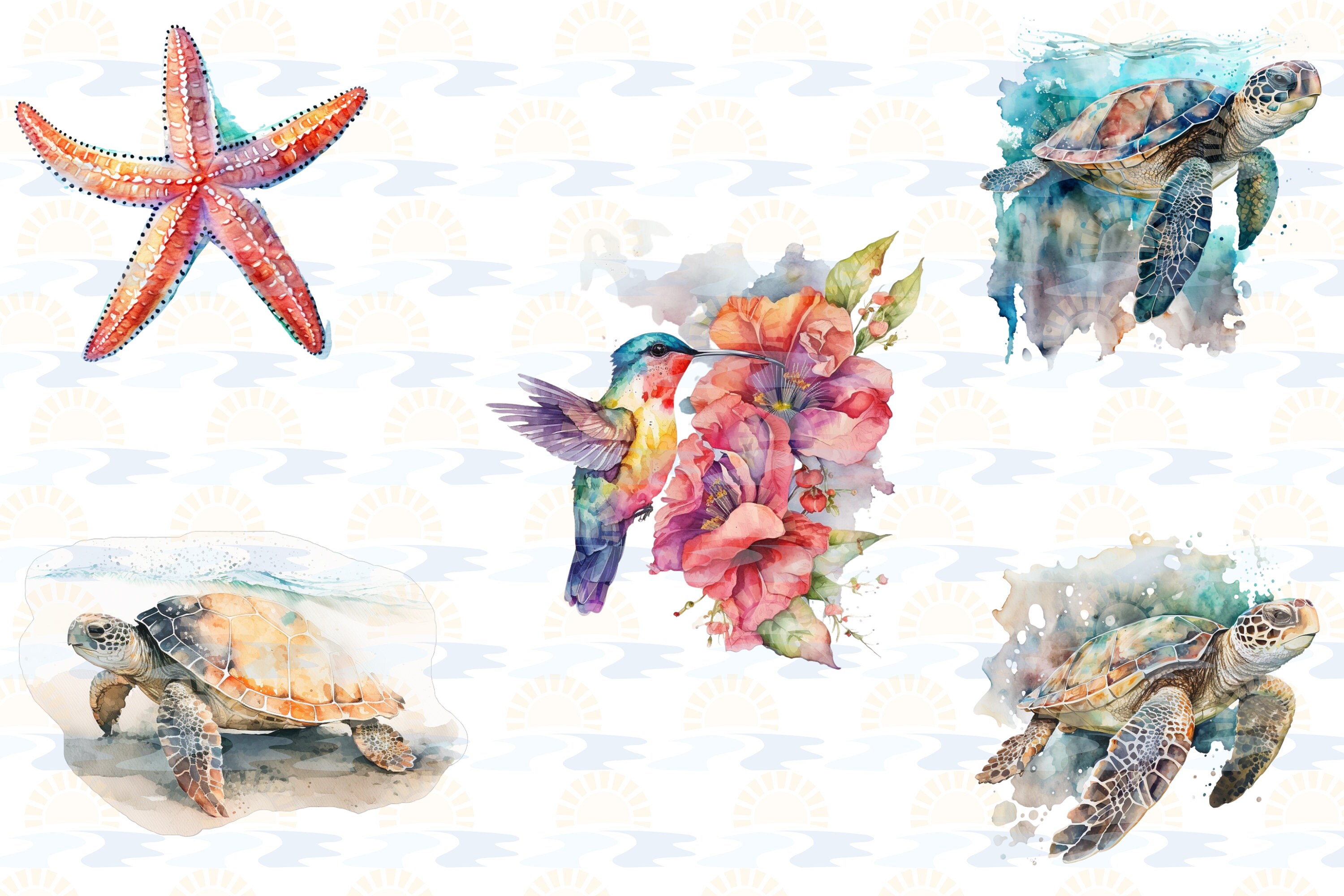 Watercolor Tropical Summer Animals Turtles Birds Clipart - Etsy