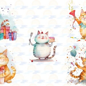 Cartoon Birthday Cats Watercolor Fat Cat Cake Presents Balloons Clipart ...