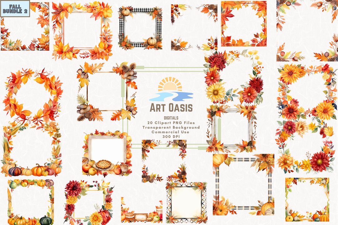 Watercolor Fall Borders Leaves Pumpkins Flowers Clipart Bundle of 20 ...