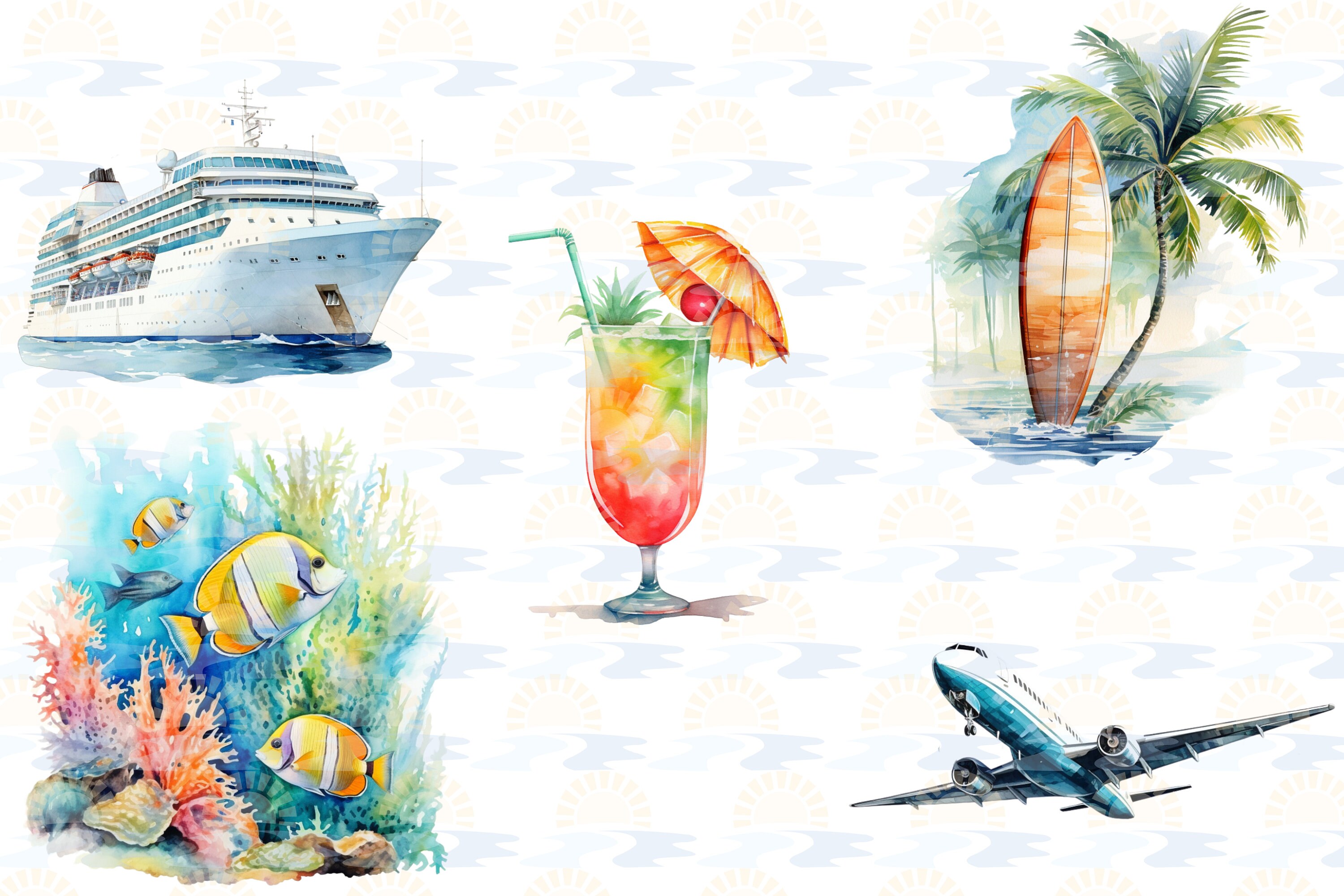 Watercolor Summer Vacation Travel Topical Beach Clipart Bundle of 20 ...
