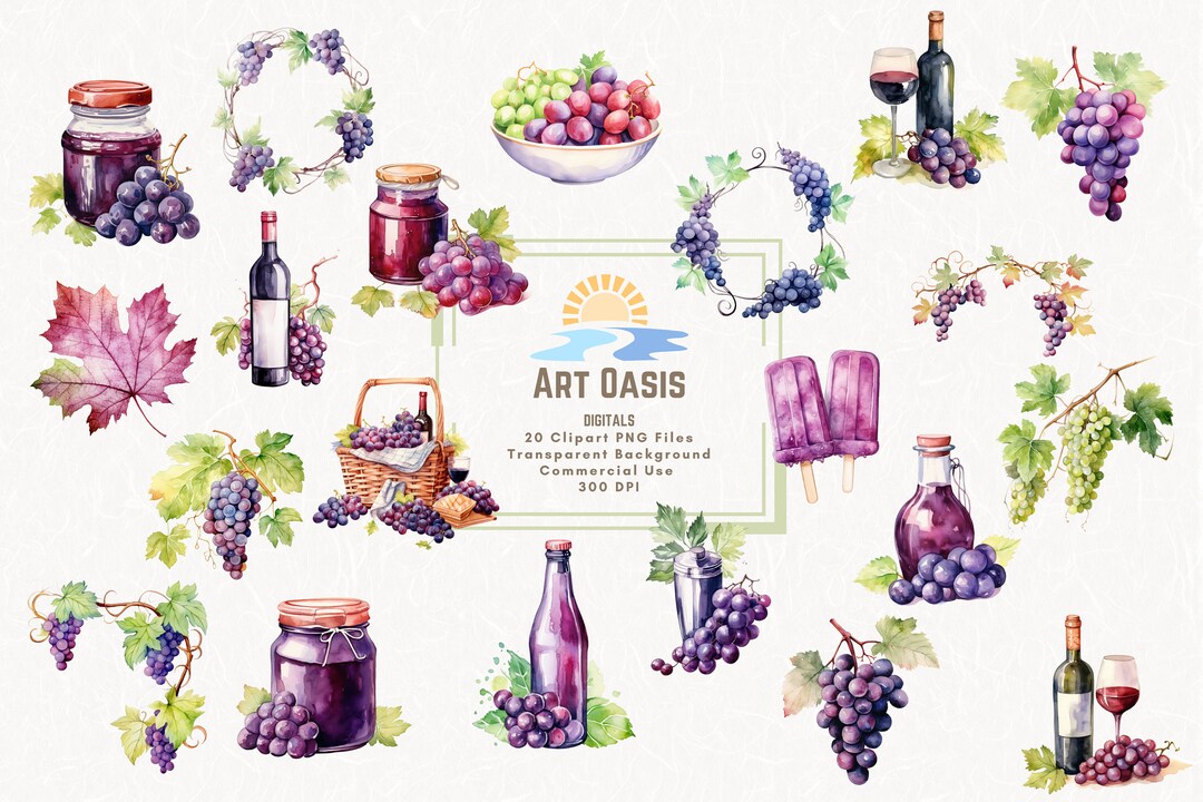 Watercolor Grape Fruit Wine Juice Branch Clipart Bundle of 20 ...