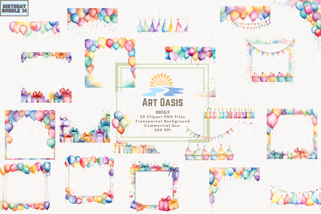Watercolor Pastel Birthday Party Borders Frames Clipart Bundle of 20 ...