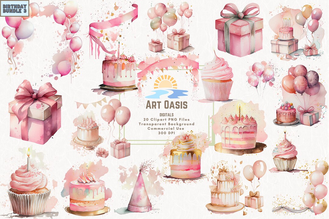 Watercolor Pink Birthday Clipart: Balloons, Cake (20 PNG, Digital ...