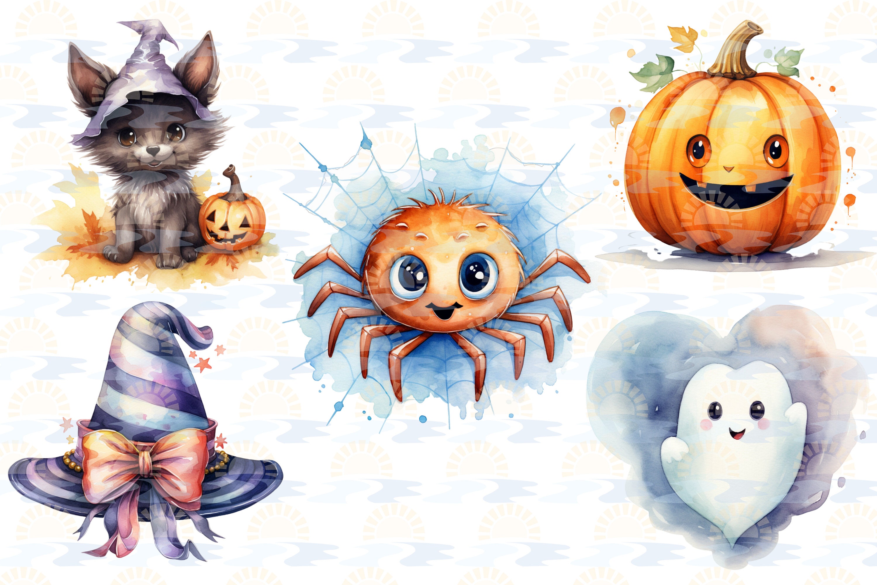 Watercolor Halloween Cute Ghost Vampire Bat Clipart Bundle of 20 ...
