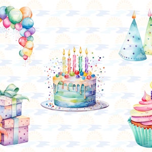 Watercolor Pastel Birthday Party Cake Present Balloons Clipart Bundle ...