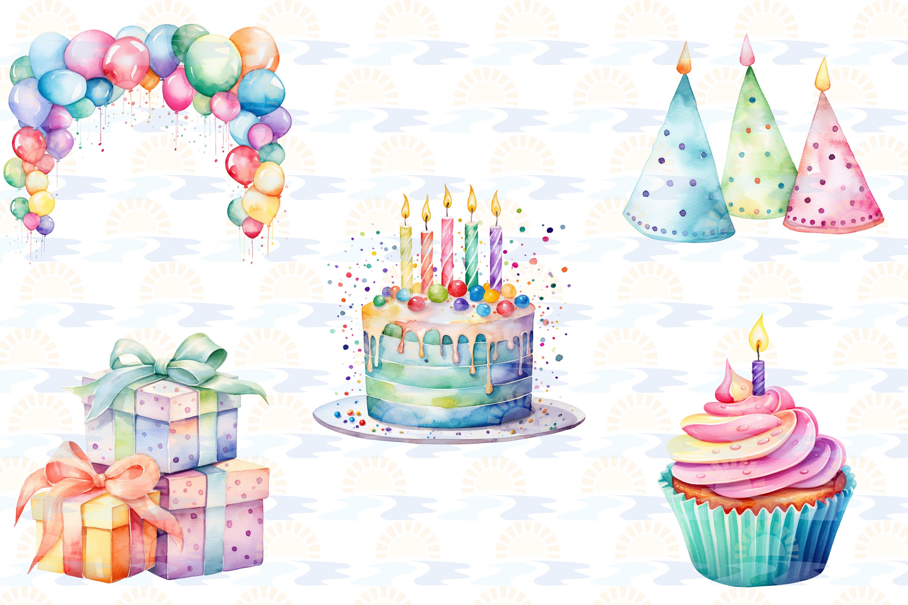 Watercolor Pastel Birthday Party Cake Present Balloons Clipart Bundle ...