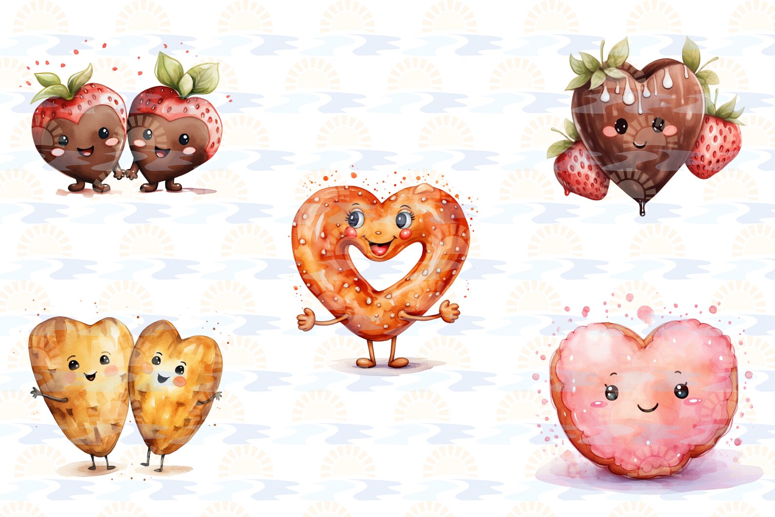 Valentines Day Cute Heart Shaped Food Chibi Watercolor Clipart Bundle ...