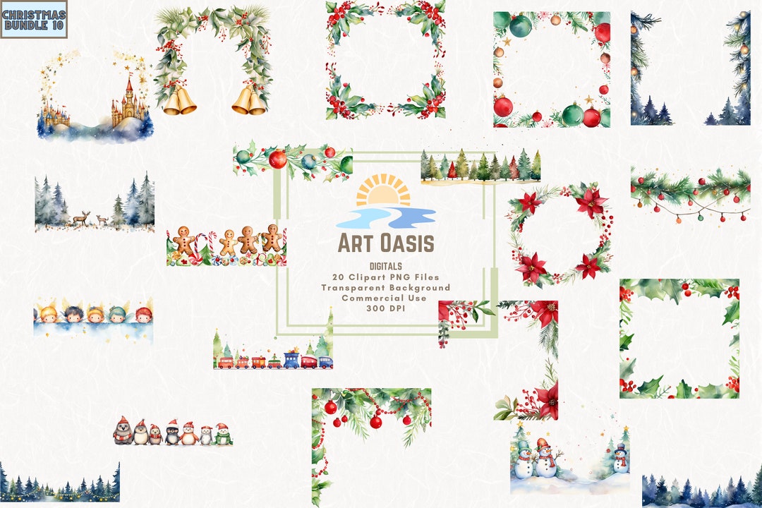 Watercolor Christmas Winter Border Frame Wreath Clipart Bundle of 20 ...